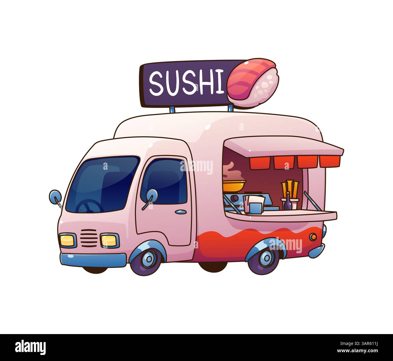 Cartoon sushi food truck car, festival street foodtruck van with large ...
