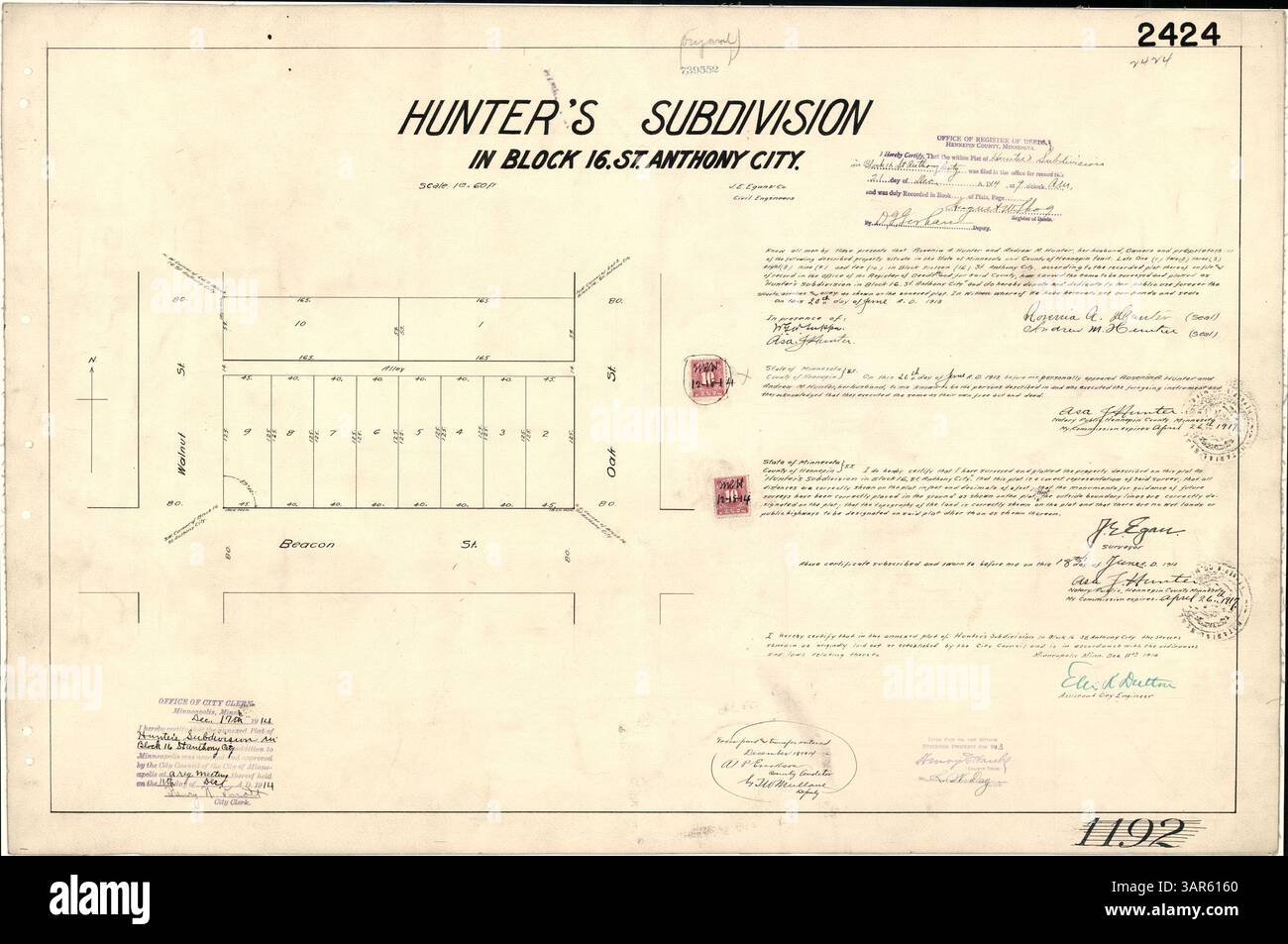The map of Hunter's Subdivision in Block 16, St. Anthony City, displays ...