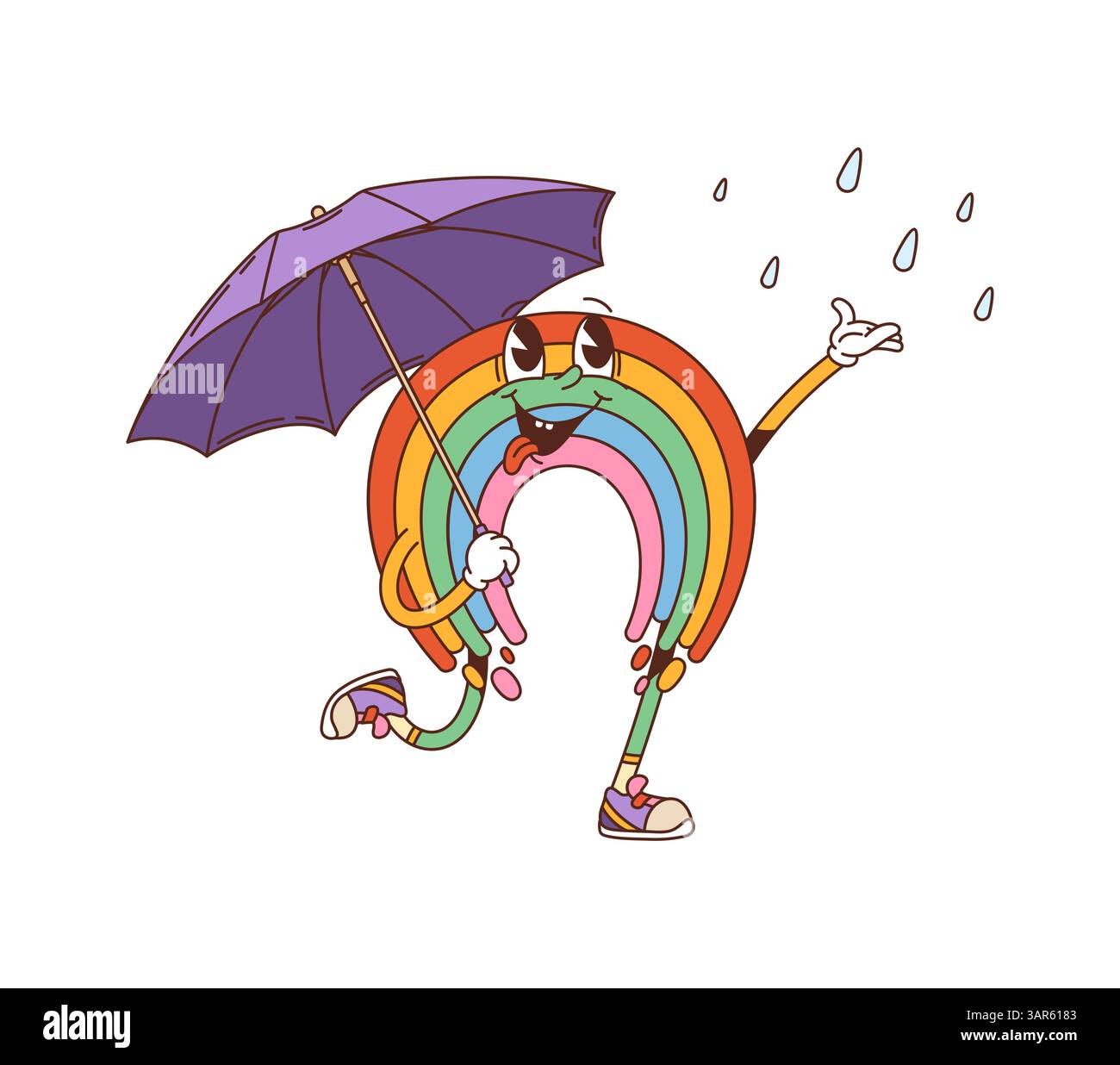 Cartoon retro groovy rainbow with umbrella and funny face, vector ...