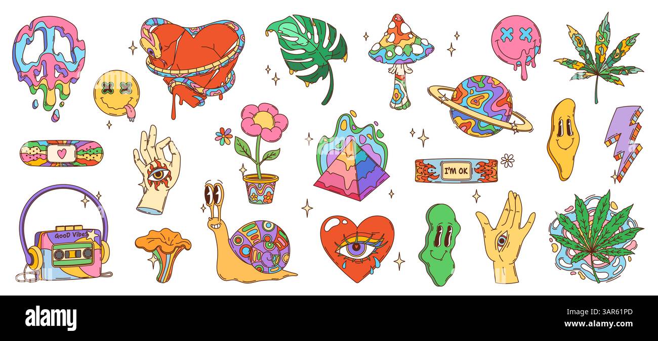 Retro hippie groovy symbols of vector psychedelic rainbow mushroom ...