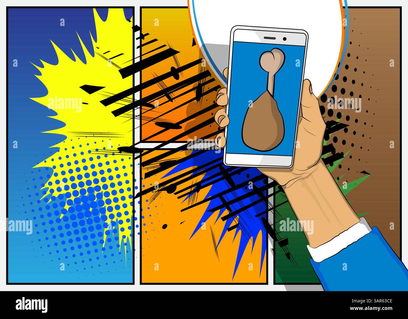 Cartoon Smartphone, comic book Telephone with chicken drumstick and ...