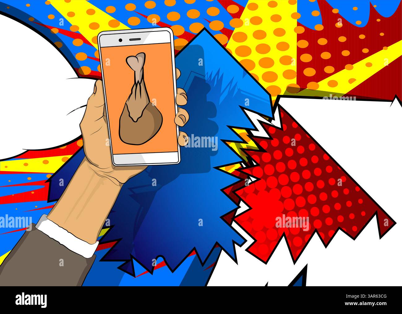 Cartoon Smartphone, comic book Telephone with chicken drumstick and ...