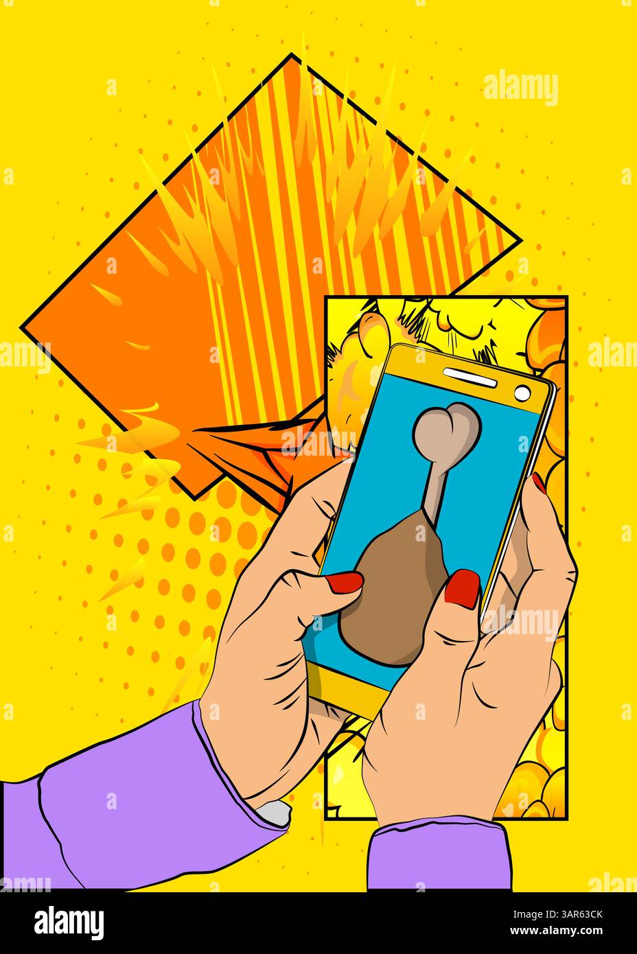 Cartoon Smartphone, comic book Telephone with chicken drumstick and ...