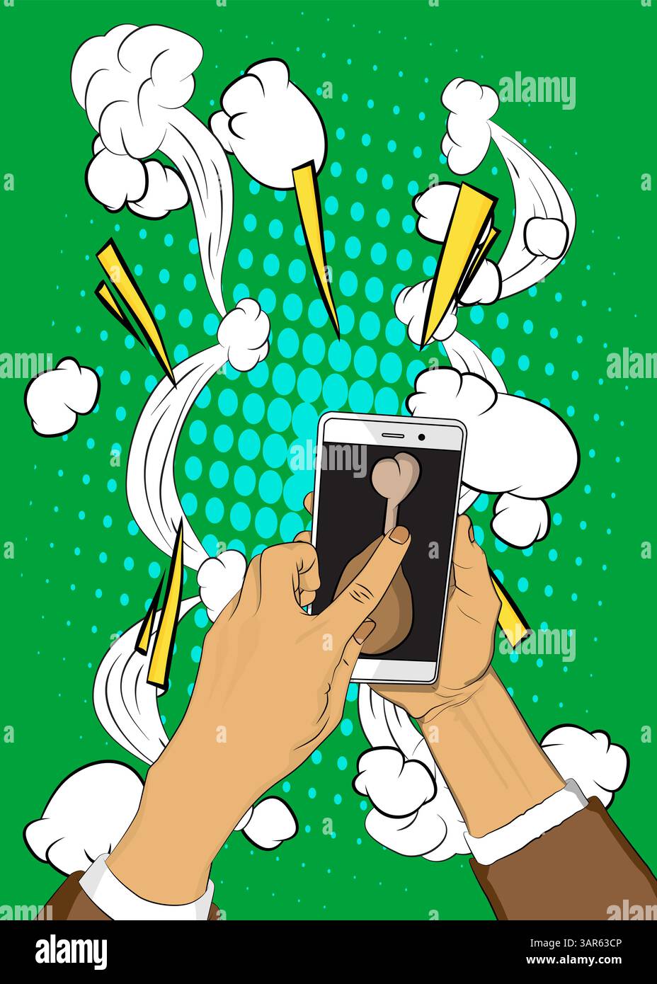 Cartoon Smartphone, comic book Telephone with chicken drumstick and ...