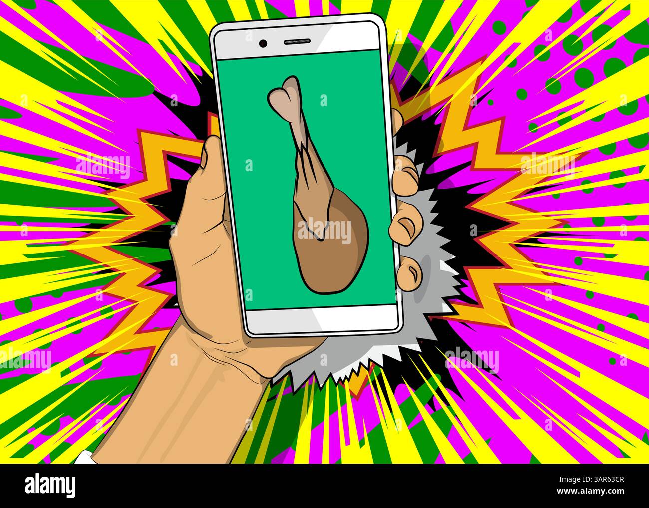 Cartoon Smartphone, comic book Telephone with chicken drumstick and ...