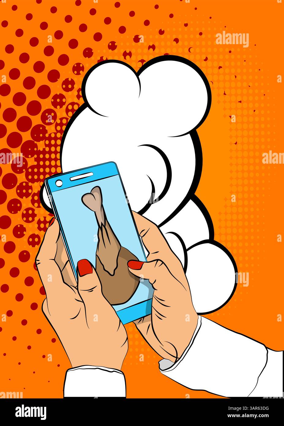 Cartoon Smartphone, comic book Telephone with chicken drumstick and ...