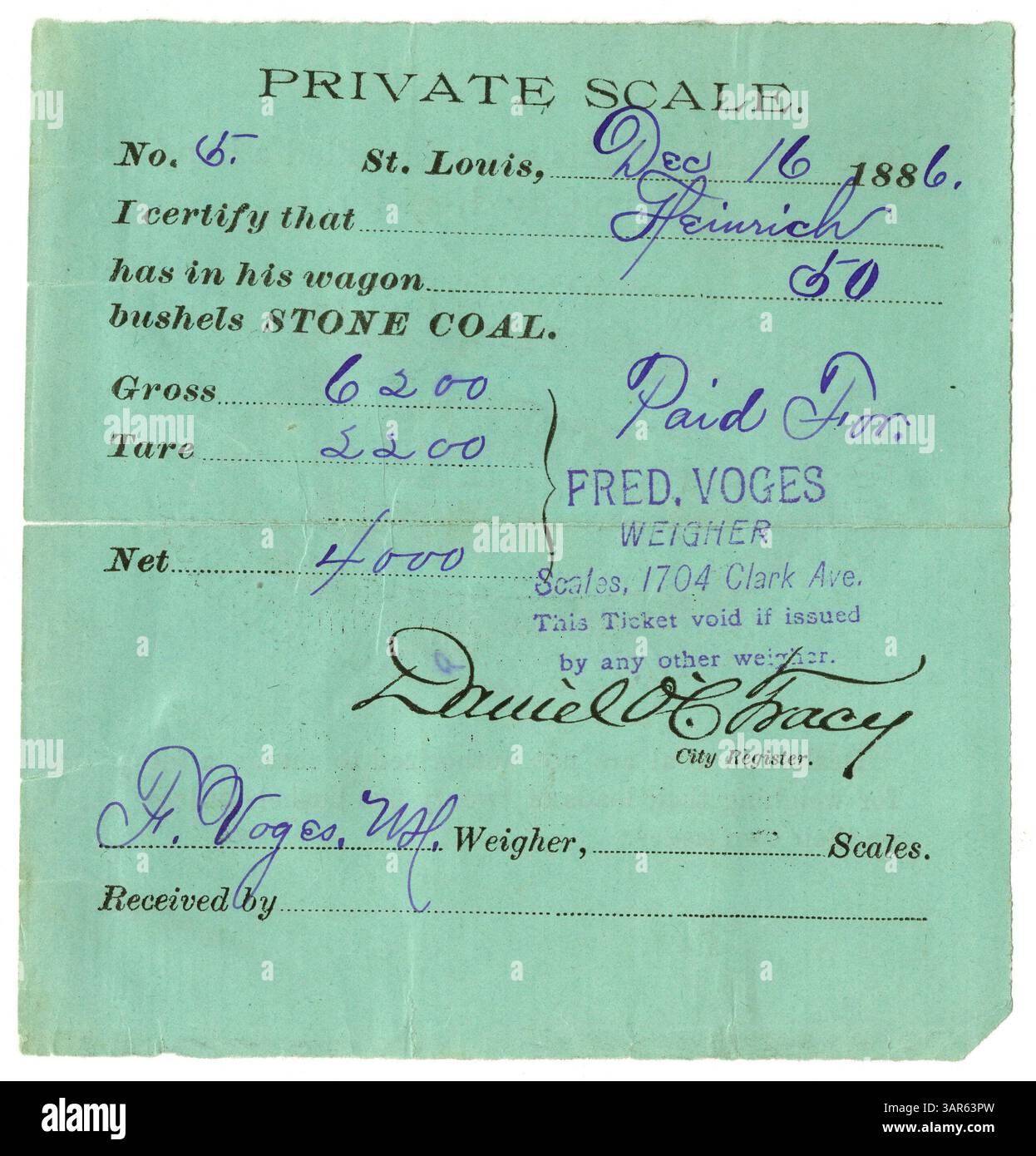 Certificate for a coal load, dated December 16, 1886, issued by ...