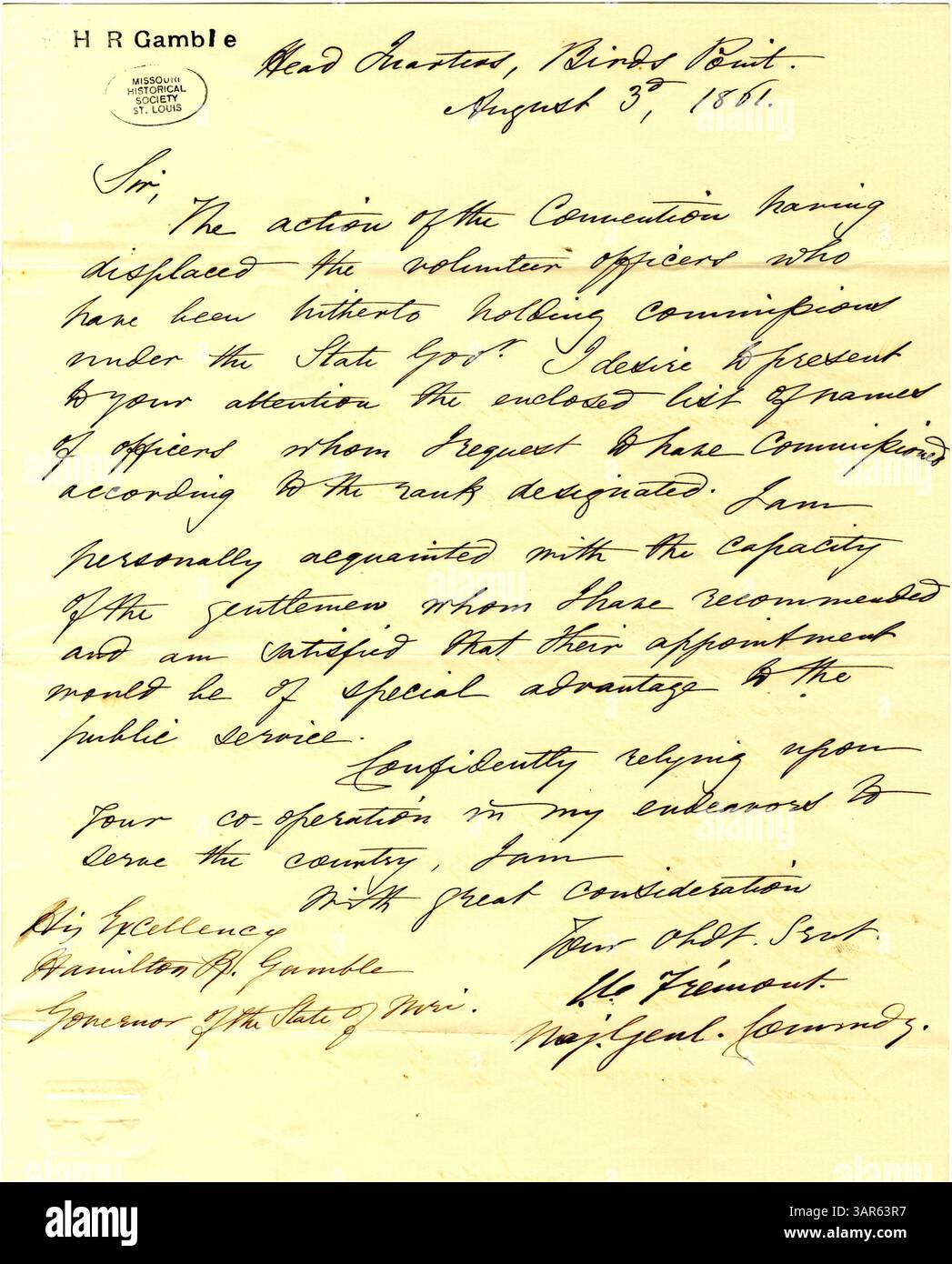 A letter signed by John C. Fremont, dated August 3, 1861, from his ...