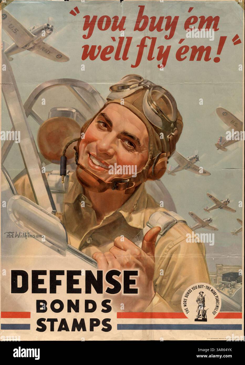 This 1942 poster, titled 'You Buy 'em we'll Fly 'em!', features a U.S ...