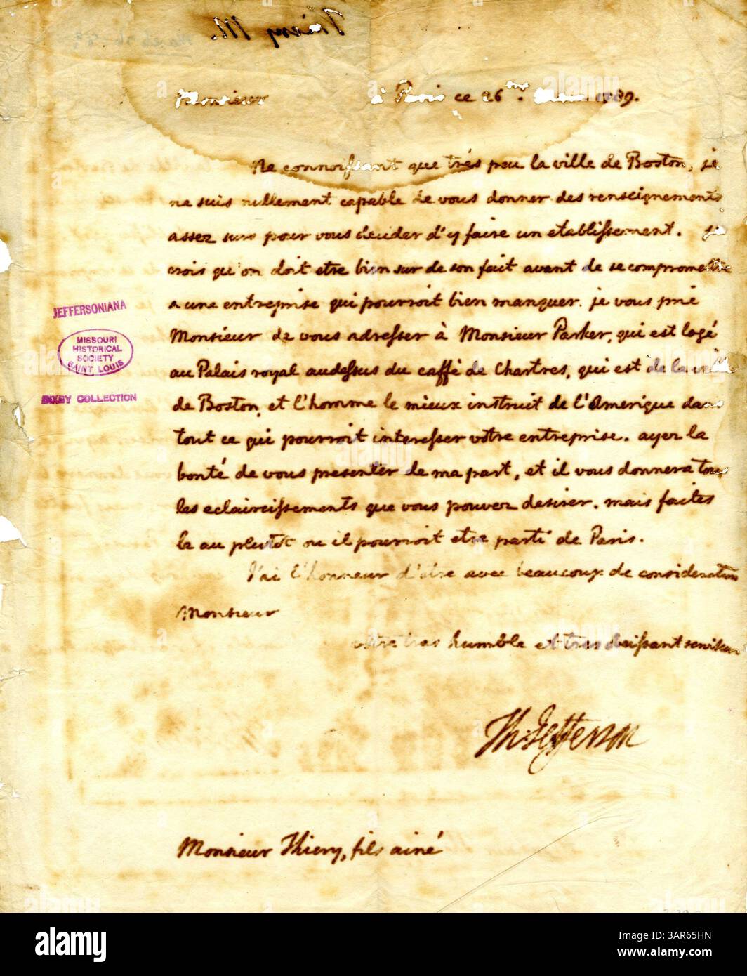 Thomas Jefferson’s letter to Thiery, dated March 26, 1789, expresses ...