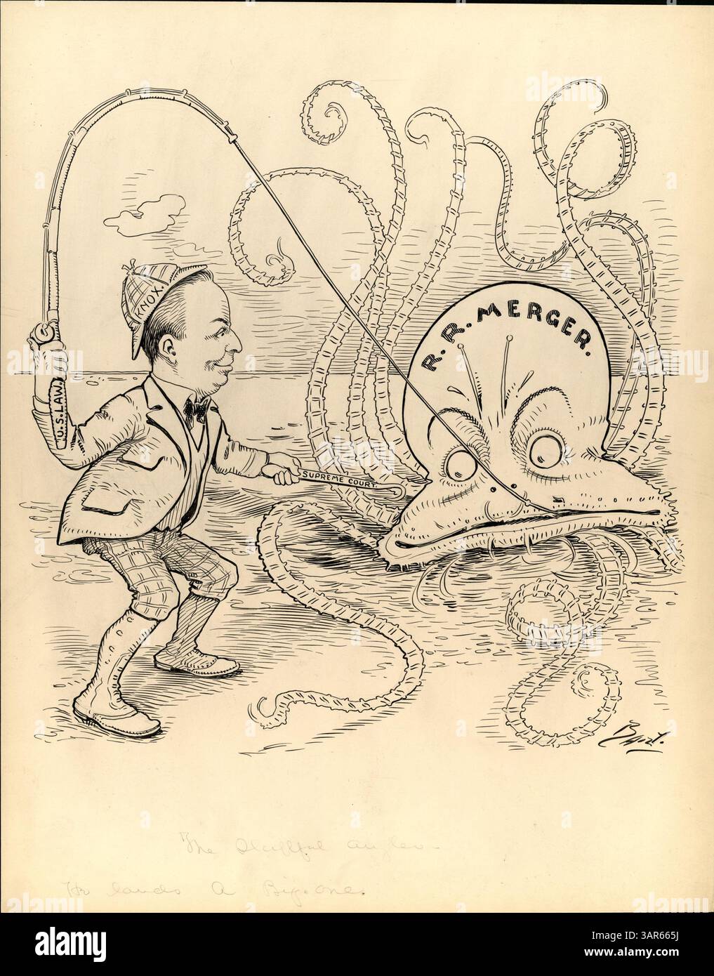 This political cartoon, titled 'The Playful Angler,' humorously depicts ...
