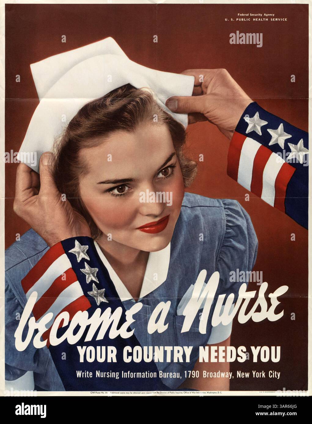 A recruitment poster from 1943, featuring a nurse receiving her cap from Uncle Sam. The poster ...