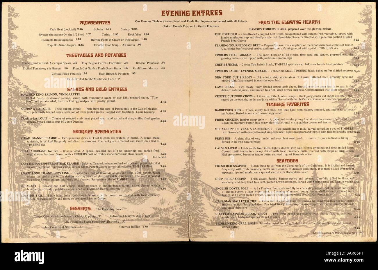 A bi-fold menu from Timbers, featuring an array of dishes including ...