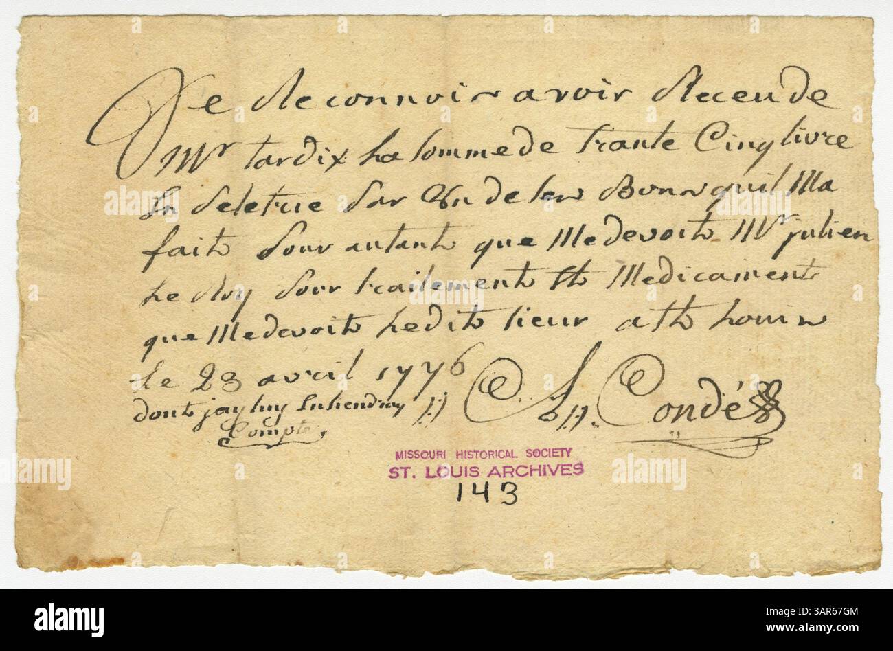 This note, signed by A. Conde on April 28, 1776, provides a historical ...