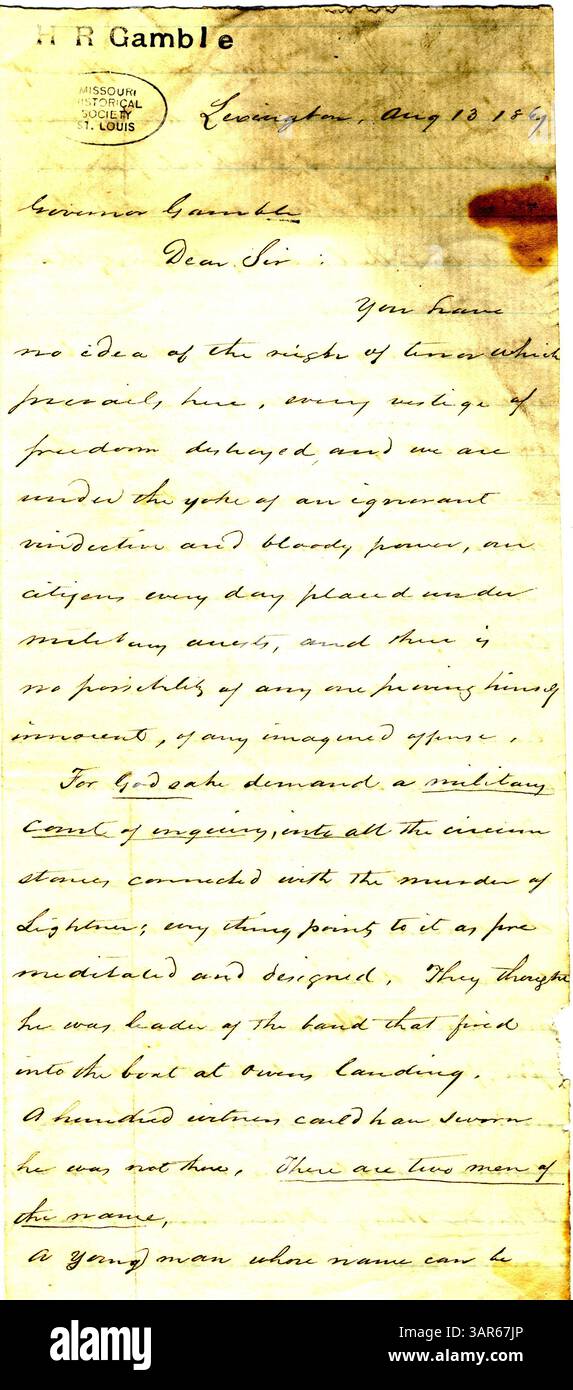 An unsigned letter from Lexington to Governor Hamilton R. Gamble ...