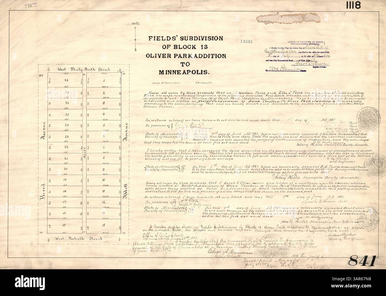 This map details the Fields' Subdivision of Block 13 in the Oliver Park ...