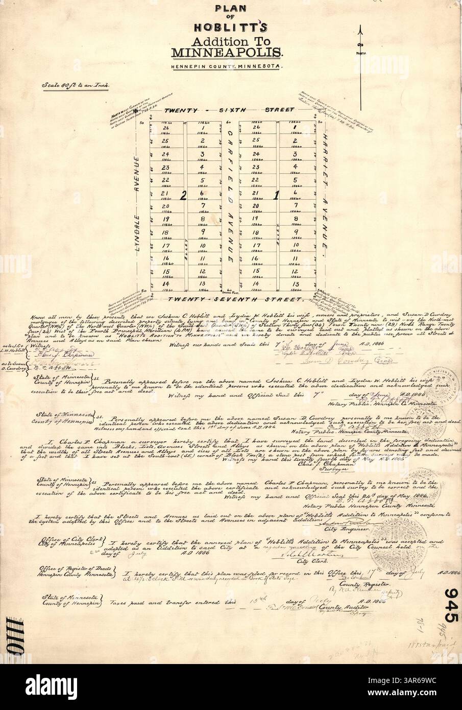 A survey map of Hoblitt's Addition, a residential development in ...