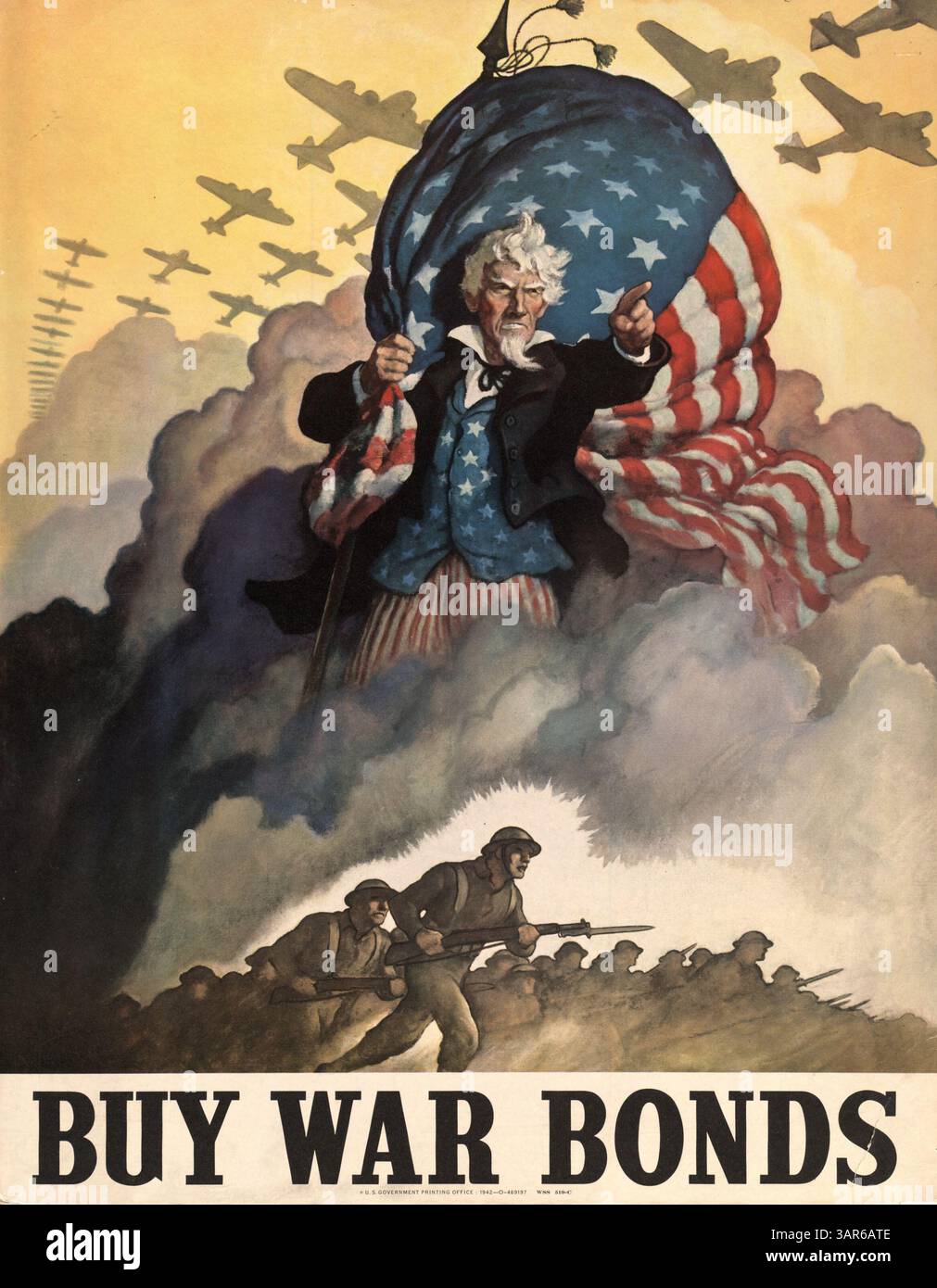 This 1942 poster features Uncle Sam holding the U.S. flag and pointing ...