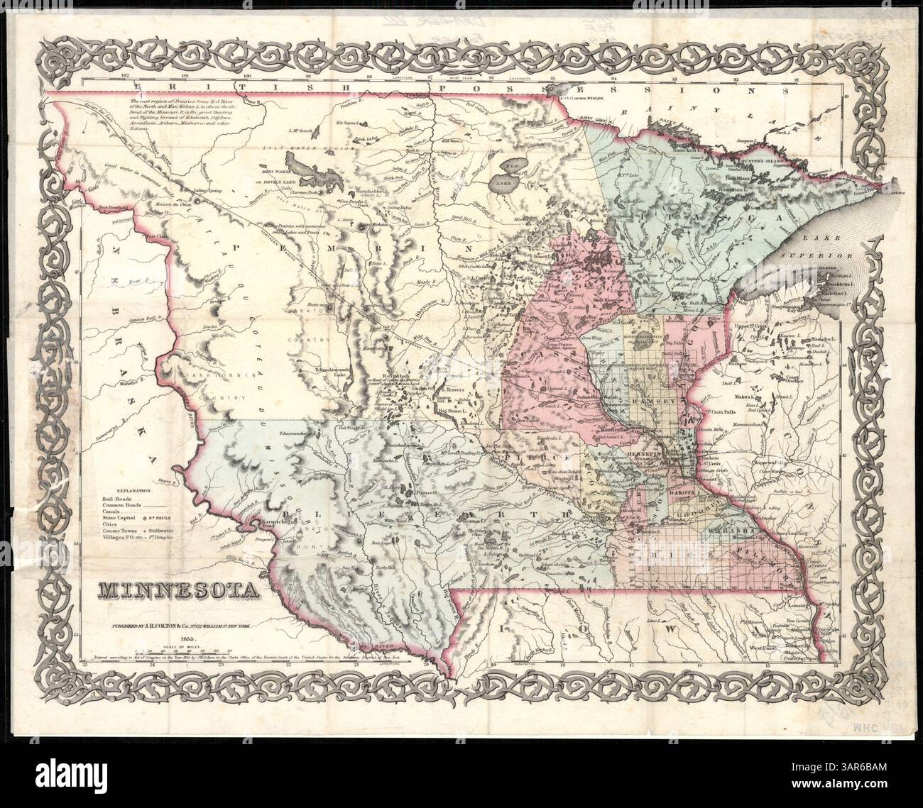 A map of Minnesota Territory from the 19th century, showing counties, railroads, canals, cities ...