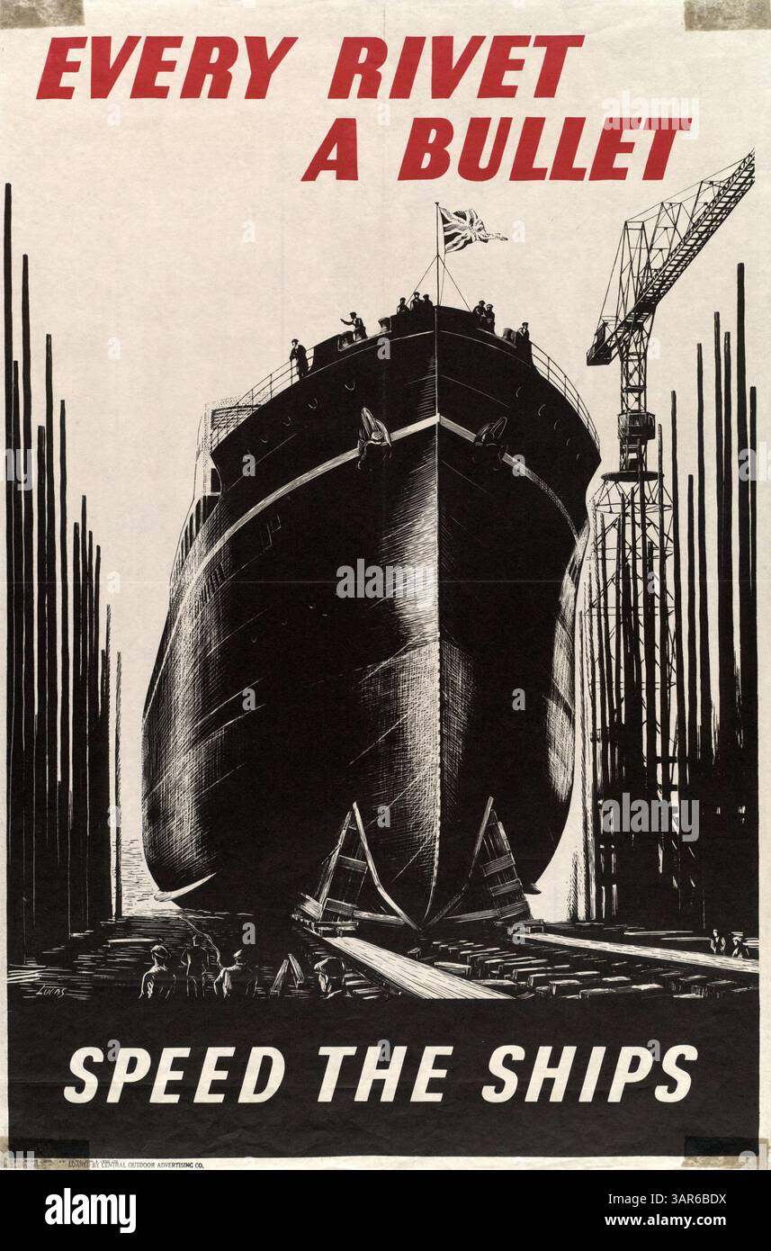 The British ship is launched from the shipyard, symbolizing wartime ...
