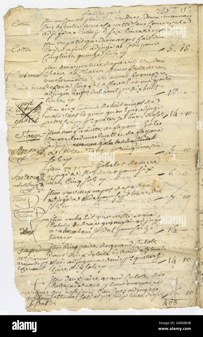 Inventory and associated documents detailing the property of Louis Deshetres, who passed away in ...