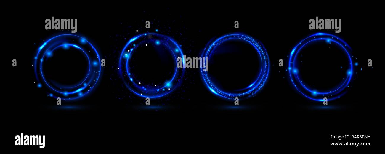 Blue light circles set isolated on black background. Vector realistic ...