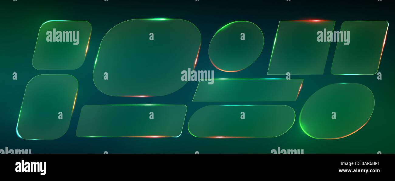 Glowing neon green glass frames on dark background - different rounded ...