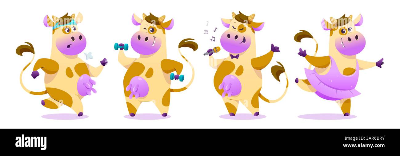 Cute cartoon cow mascot character set wearing pink dress and dancing ...