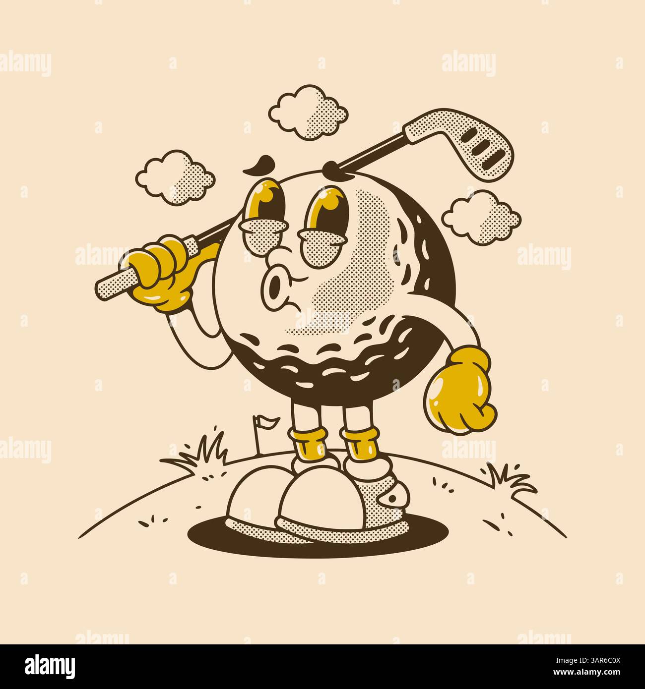 Cartoon golf ball character with relaxed mood, retro colors, and cool ...