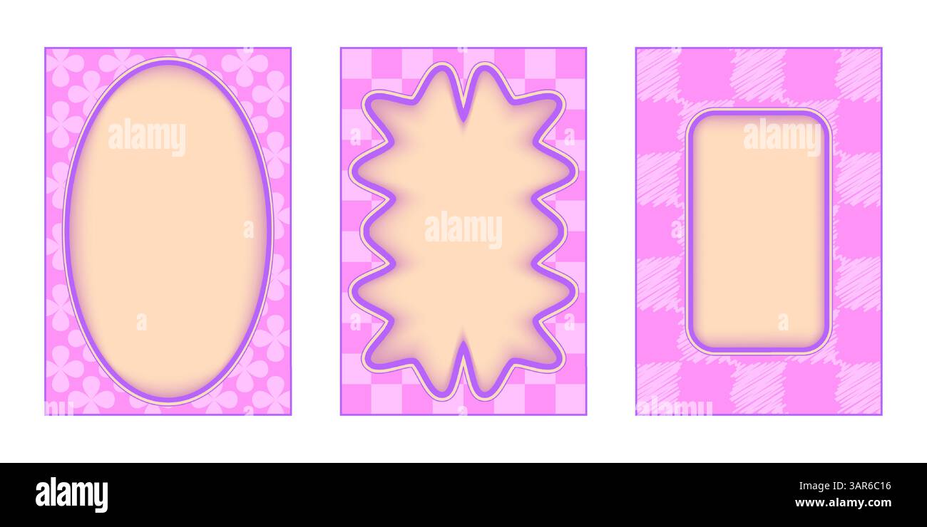 Groovy wavy borders frames set - oval, starburst and rectangle shapes filled with pattern pink ...
