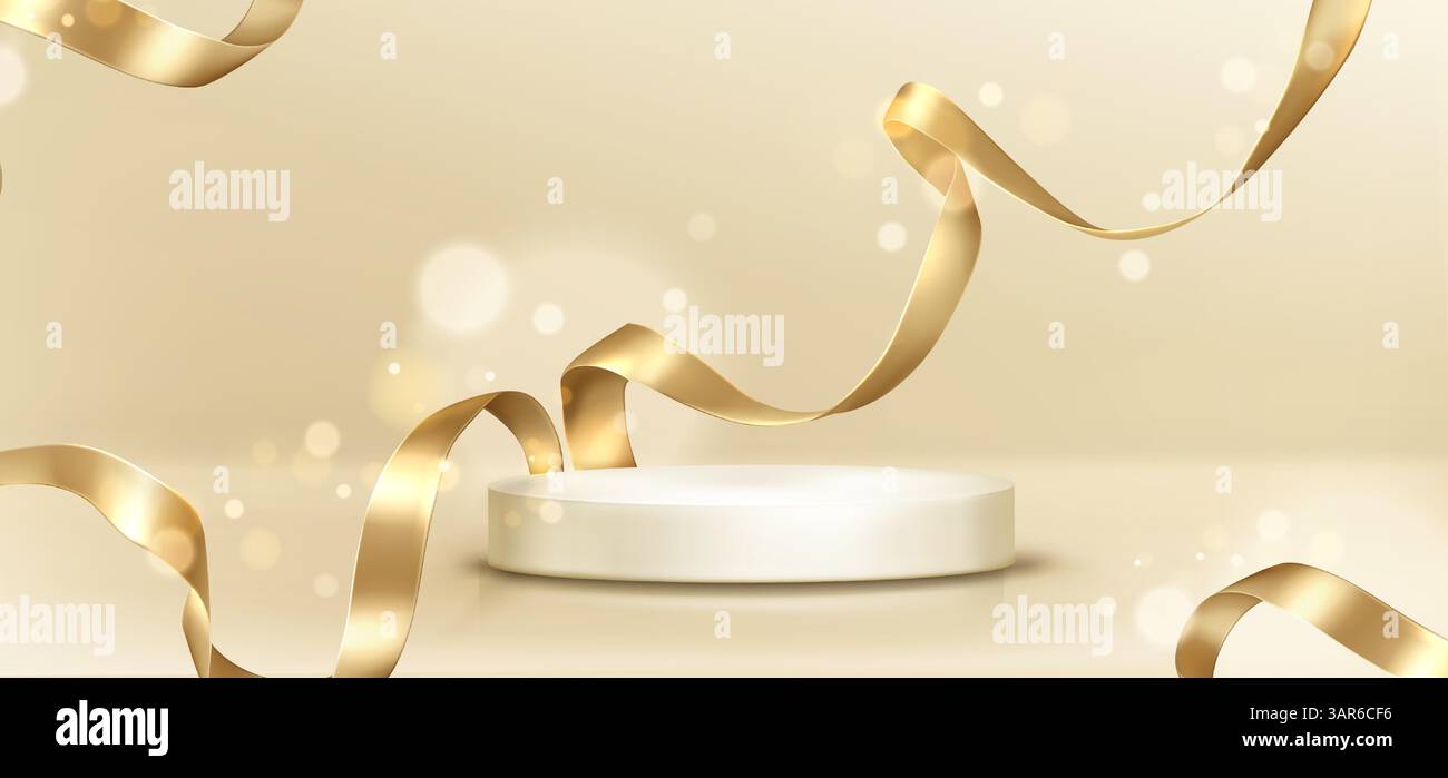 Gold ribbon curls and podium on sparkly light background. Luxury golden ...
