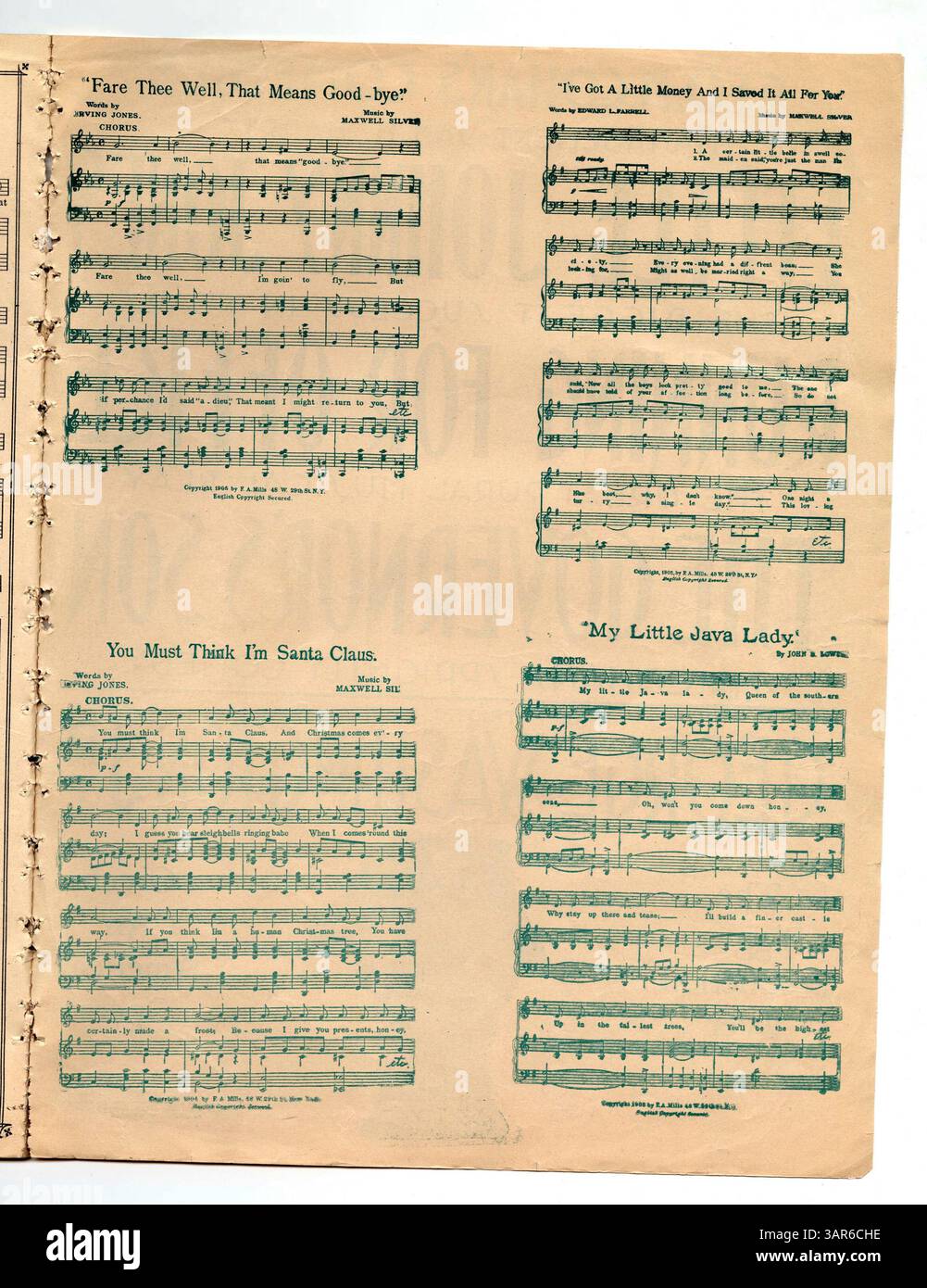 Inside front and back covers of a musical score featuring song excerpts ...