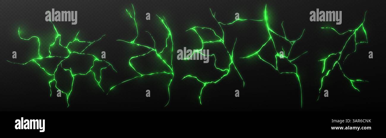 Green glowing cracks and earthquake fissures with luminous effect. Neon ...
