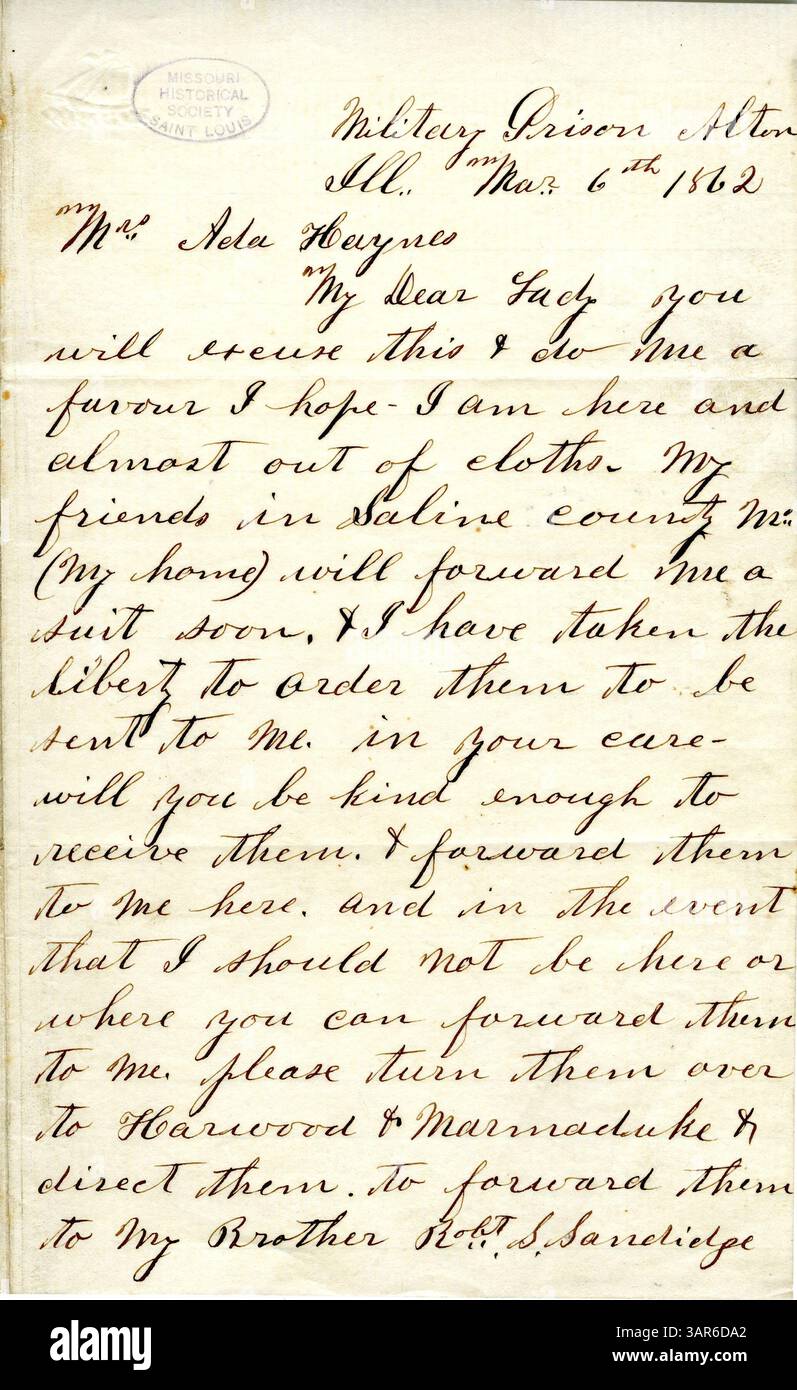 Letter from P.S. Sandidge at Military Prison, Alton, Illinois, to Mrs ...