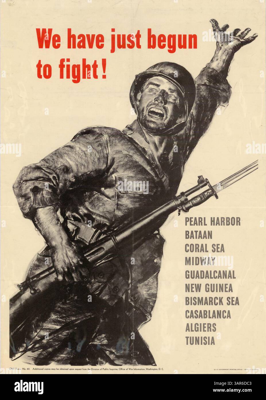 This 1943 OWI poster depicts a GI urging others to follow him, listing ...
