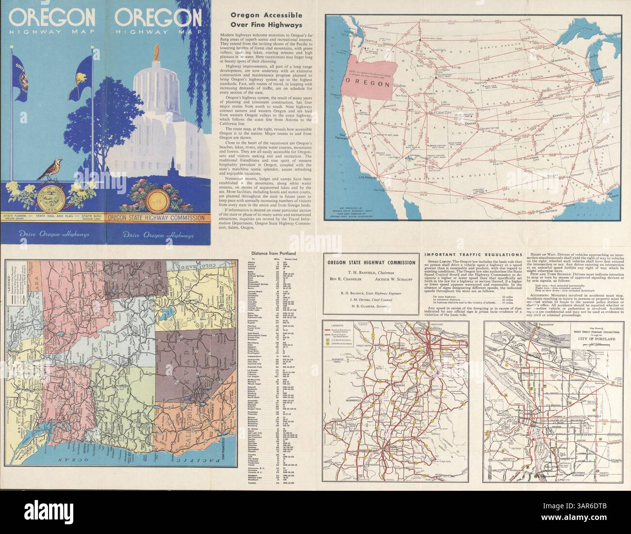 The reverse of this map of Oregon shows key roads and distances from ...