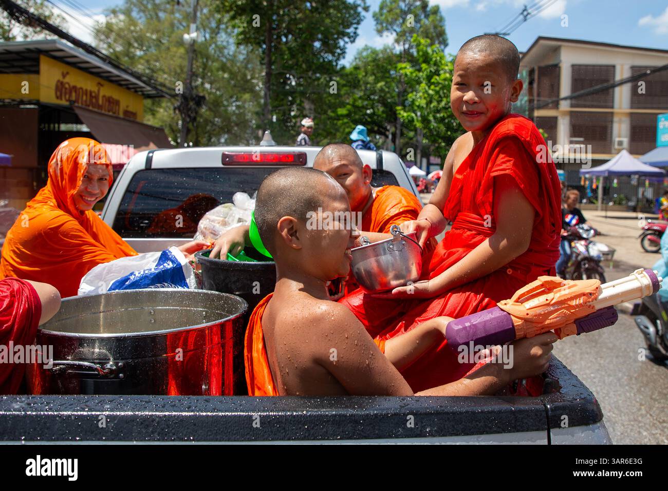 Thailand. 15th Apr, 2025. Thai monks are seen during vibrant water ...