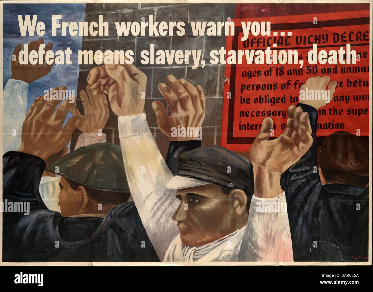 This World War II-era poster depicts a group of laborers with raised ...