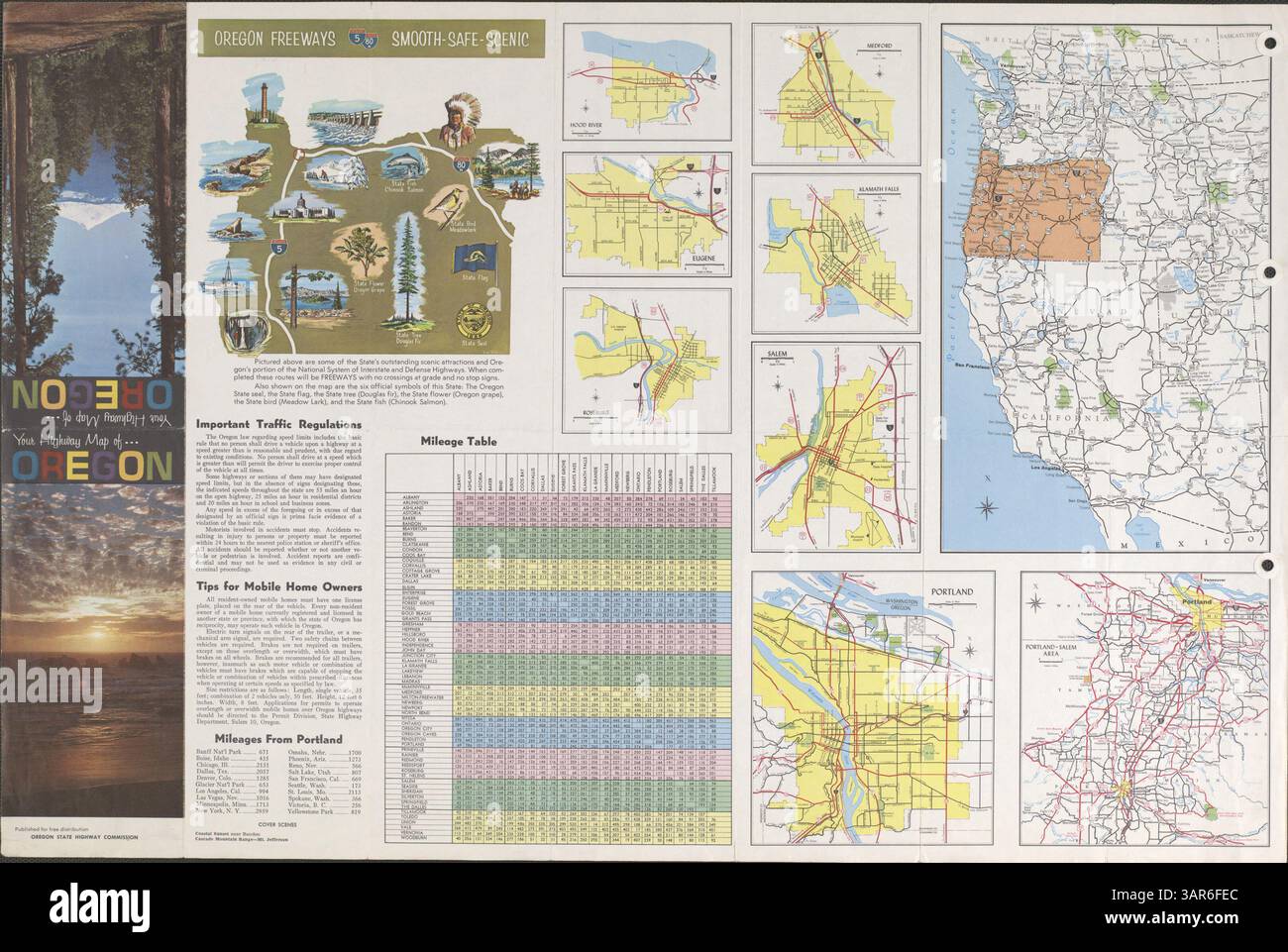 The reverse side of Oregon’s official highway map features a mileage ...