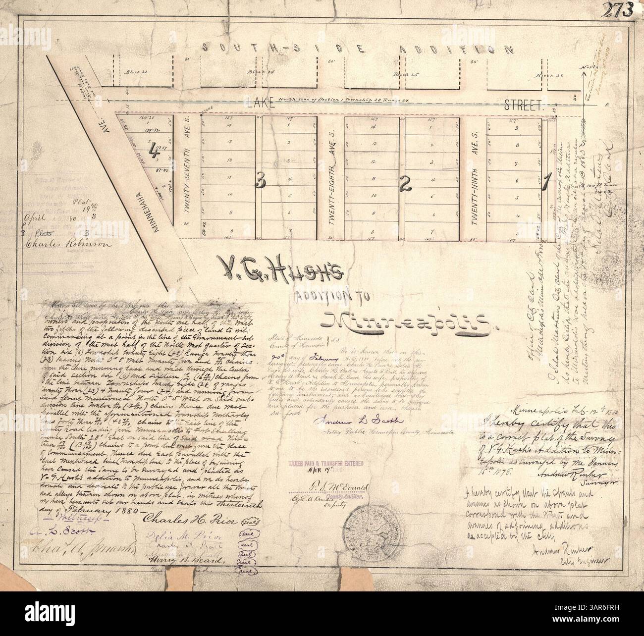 V.G. Hush's Addition to Minneapolis is a historical map showing land ...
