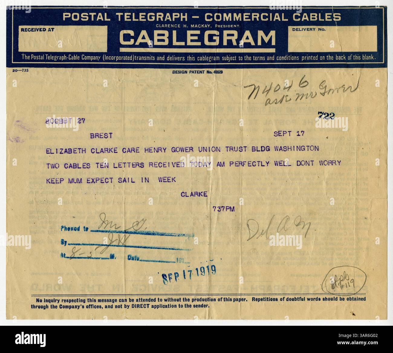 A cablegram from Powhatan H. Clarke to his mother, Elizabeth Clarke ...