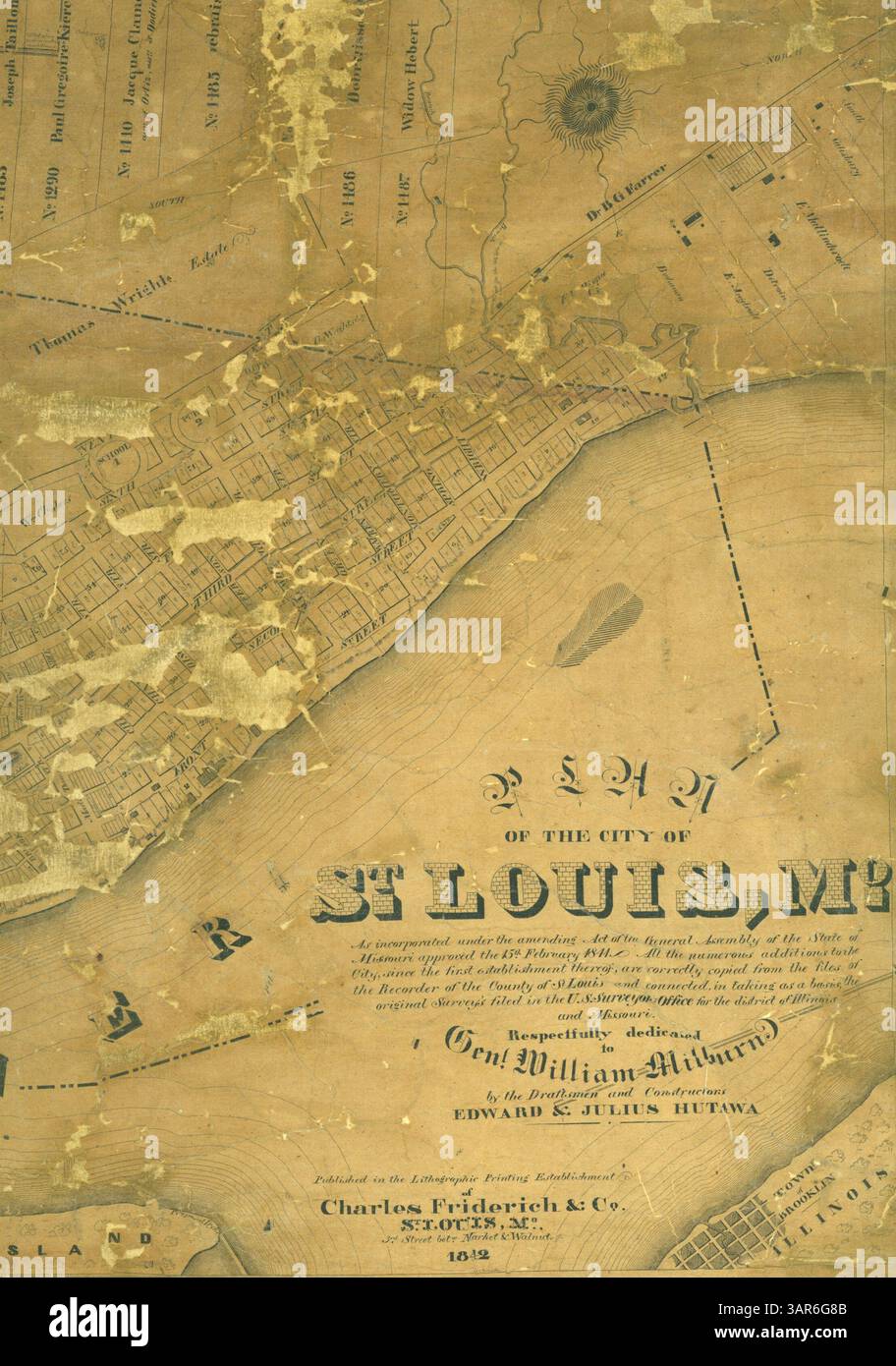 A 1842 map showing the city plan of St. Louis as it was incorporated ...
