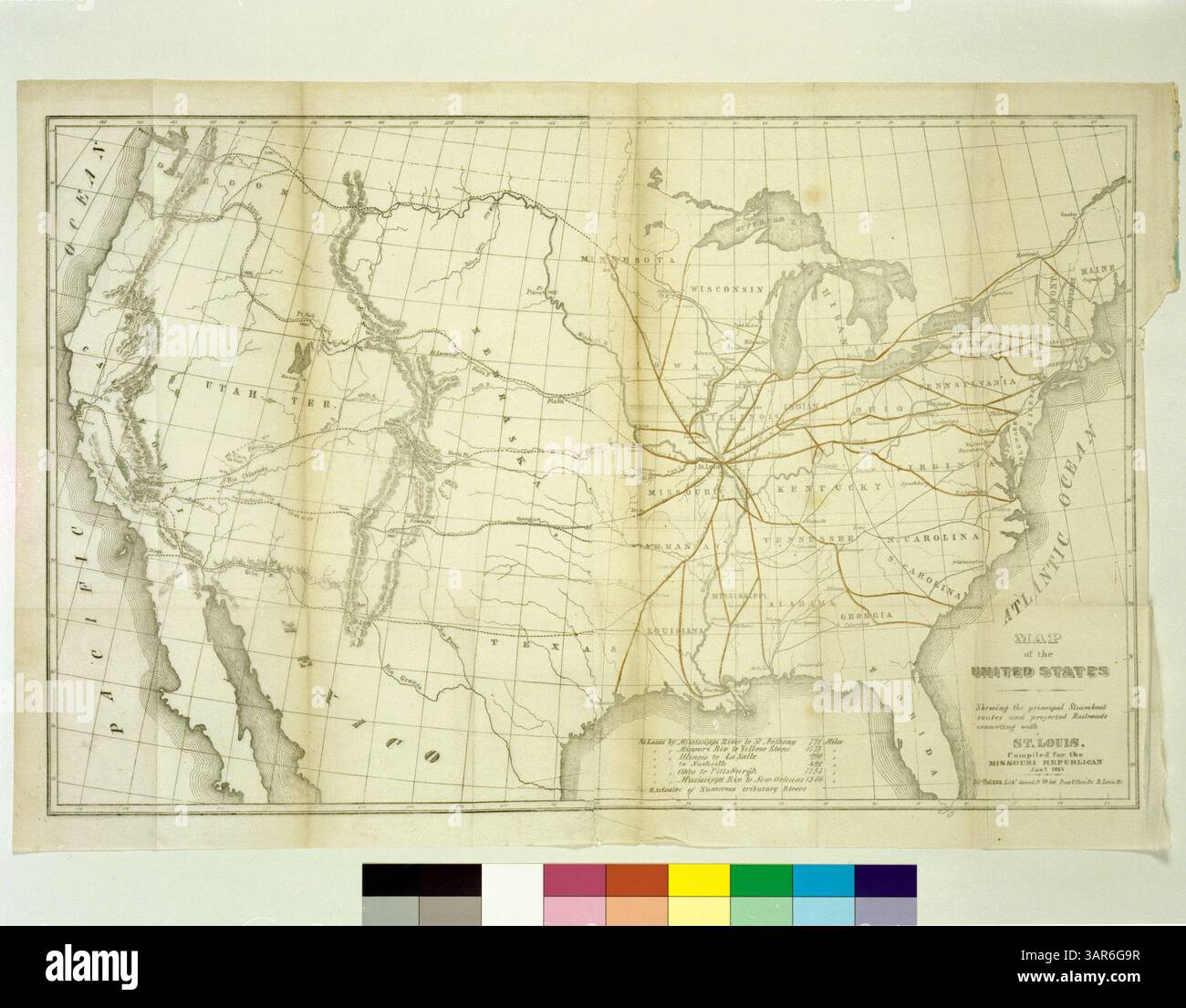 This 19th-century map shows the major steamboat routes and projected ...
