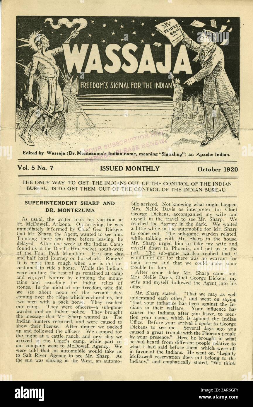 The October 1920 issue of Wassaja, Vol. 5, No. 7, features the subtitle 'Freedom's signal for ...