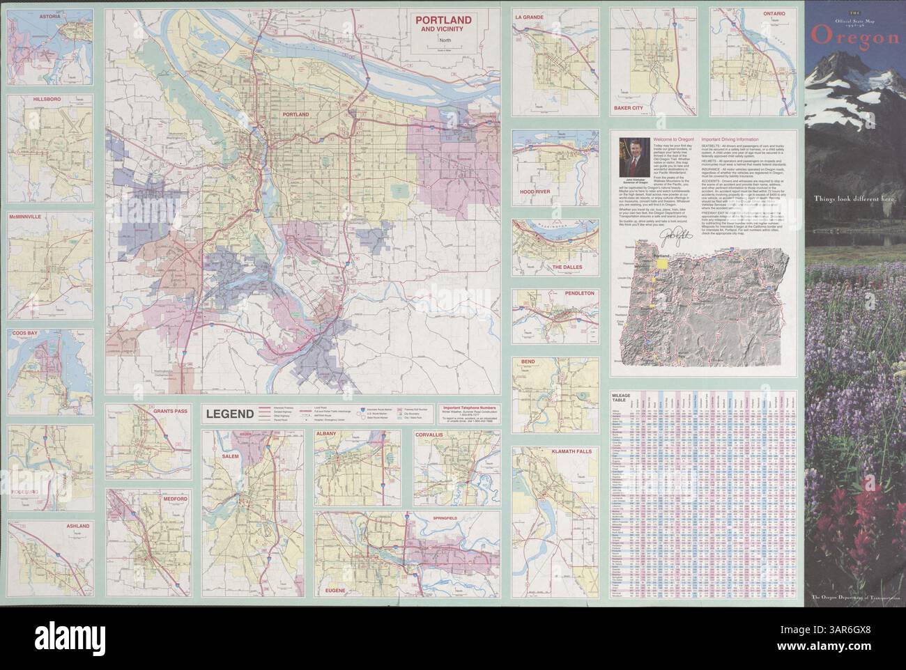 The back side of the Oregon state map shows the detailed geographic ...