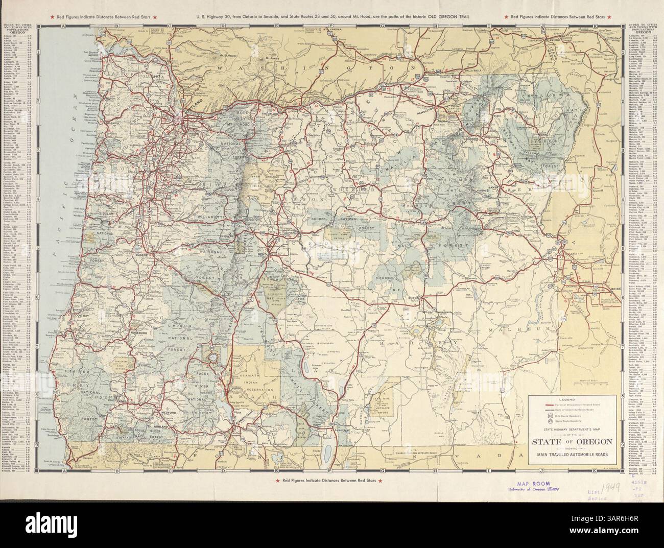 This map of Oregon highlights the main automobile roads with relief ...