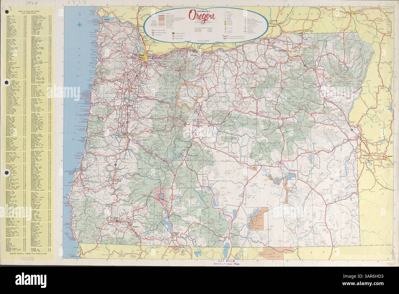 This official highway map of Oregon shows relief by shading and spot ...