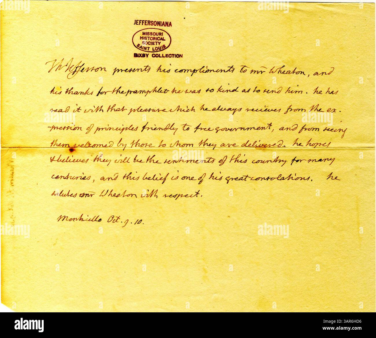 A note signed by Thomas Jefferson from Monticello, thanking Mr. Wheaton ...