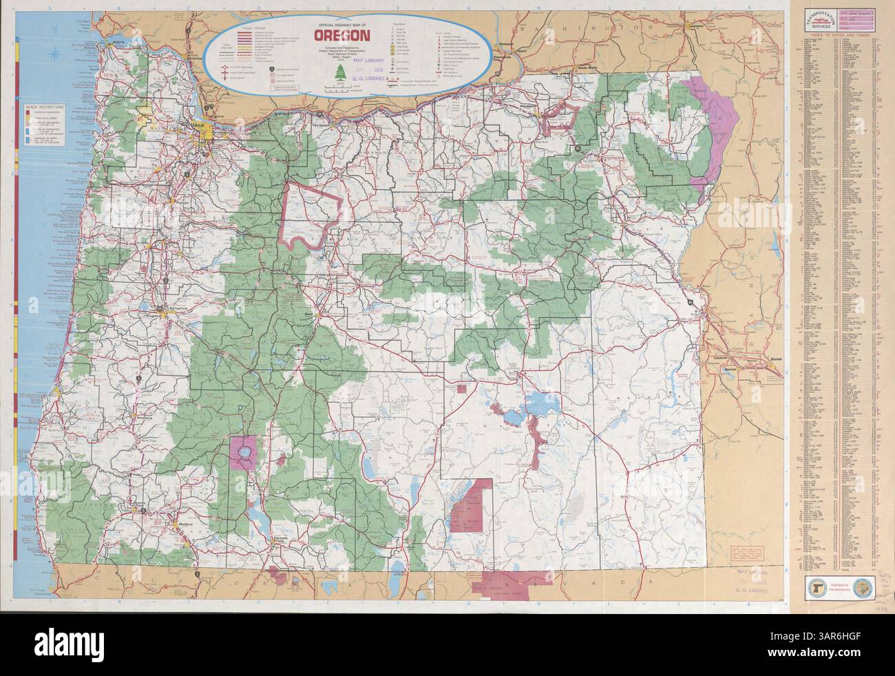 This official Oregon highway map shows spot height relief and an index ...