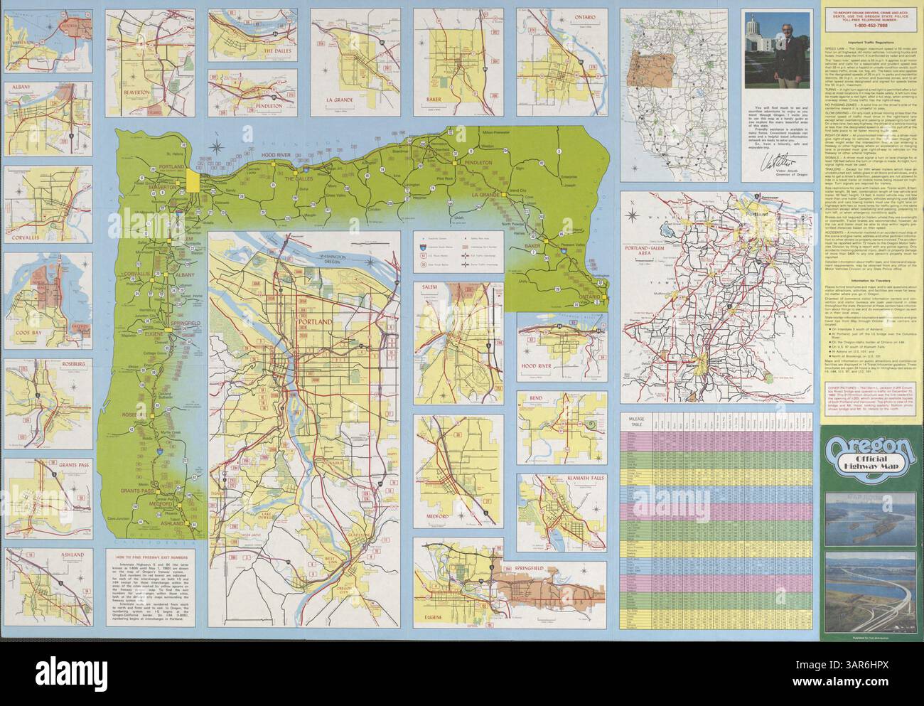 The reverse of Oregon’s official highway map features text, a mileage ...